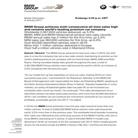BMW 2016 Global Sales Report | PDF