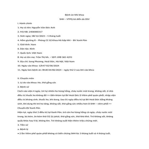 Bệnh án Nhi khoa SHH-VTPQ.docxnhi khoayhoc | PDF