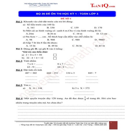 36 ĐỀ THI HK1 MÔN TOÁN LỚP 3 | PDF