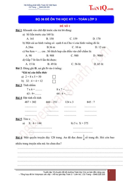 20 de thi toan lop 3 cuoi ki 2 | DOC