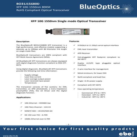 BlueOptics Bo31j15680d 10gbase-zr xfp transceiver 1550nm 80km singlemode lc duplex 10 gigabit | PDF