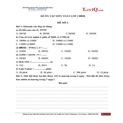 BỘ 9 ĐỀ ÔN THI HKII MÔN TOÁN LỚP 3 | PDF