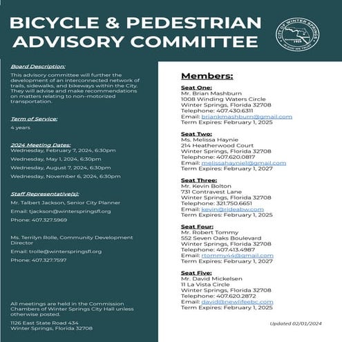 2024 Board and Committee Member Directory for Winter Springs, Florida | PDF
