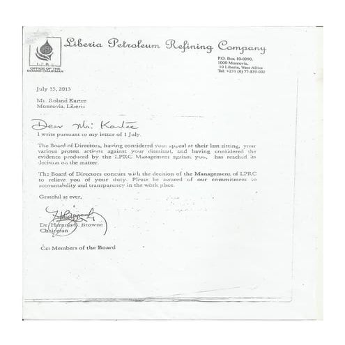 Board chairman's final concurrence letter with management on kartee's ...