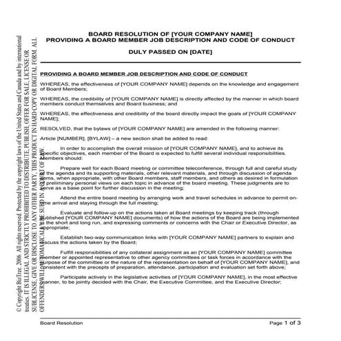 Board resolution approving job description & code of conduct | DOC
