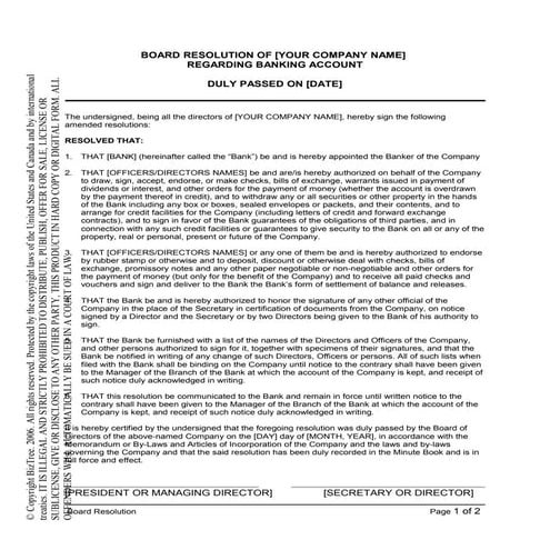 Board resolution regarding banking account | DOC