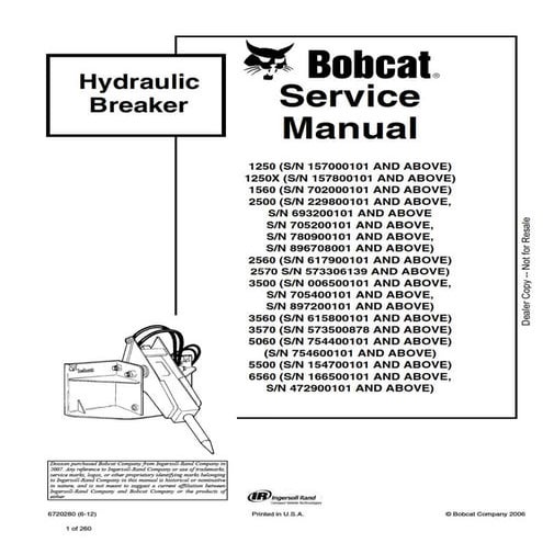 Bobcat 2500 Hydraulic Breaker Service Repair Manual SN 780900101 AND ...