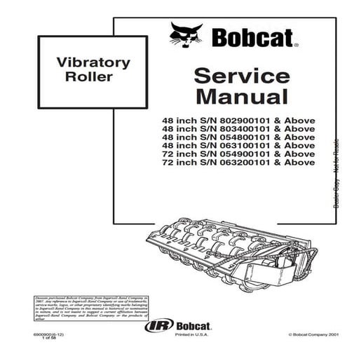 Bobcat 72 Inch Vibratory Roller Service Repair Manual SN 063200101 And ...