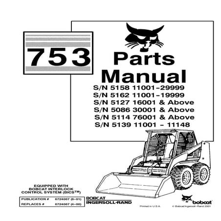 Bobcat 753 skid steer loader parts catalogue manual (sn 511476001 and ...