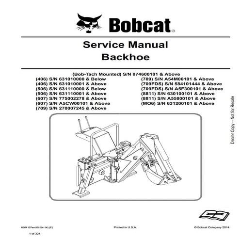 Bobcat Bob-Tach Mounted Backhoe Service Repair Manual SN 074600101 AND ...