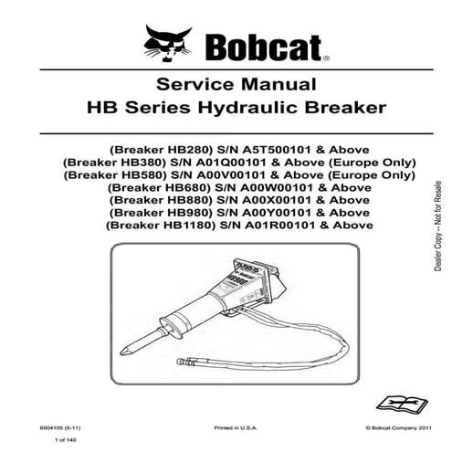Bobcat Breaker HB980 Hydraulic Breaker Service Repair Manual SN ...