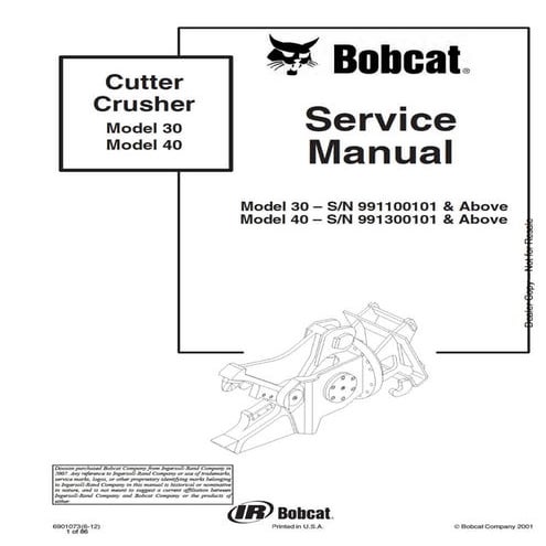 Bobcat Cutter Crusher (Model 40) Service Repair Manual SN 991300101 And ...