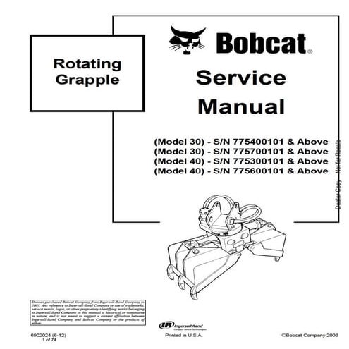 Bobcat Model 40 Rotating Grapple Service Repair Manual SN 775300101 And ...