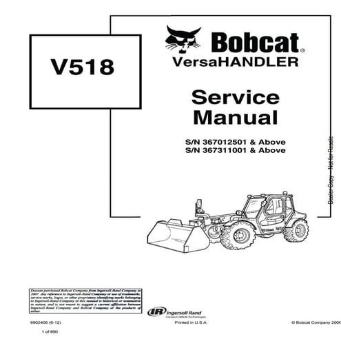 Bobcat V518 VersaHANDLER Telescopic Forklift Service Repair Manual SN ...