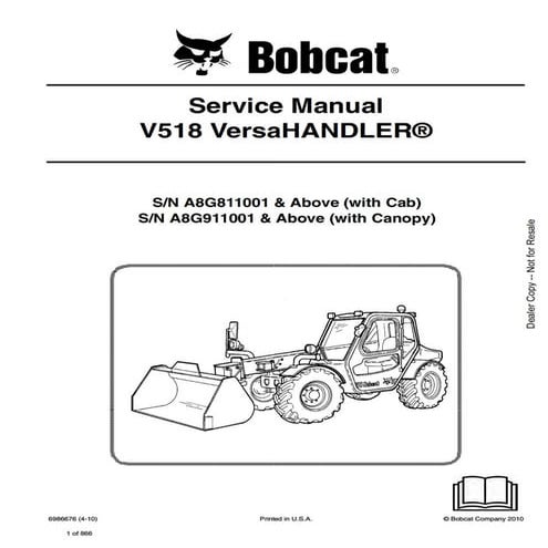 Bobcat V518 VersaHANDLER Telescopic Forklift Service Repair Manual SN ...