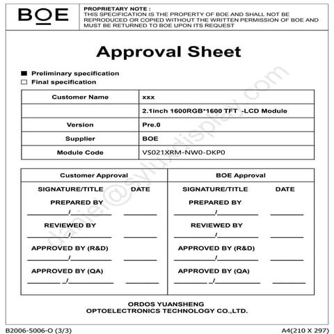 BOE 2.1 Inch LCD 1600X1600 For VR AR Headset Smart Device | PDF