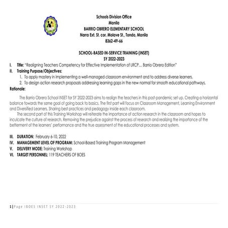 inset program sample school-based activity | DOCX