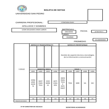 Boleta de notas en word | DOCX