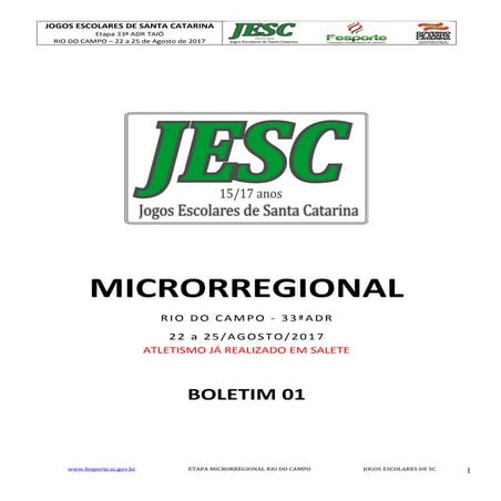 BOLETIM 1 - Etapa ADR Taió do JESC (15 a 17 anos) | DOC