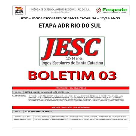 BOLETIM 1 - Etapa ADR Taió do JESC (15 a 17 anos) | DOC