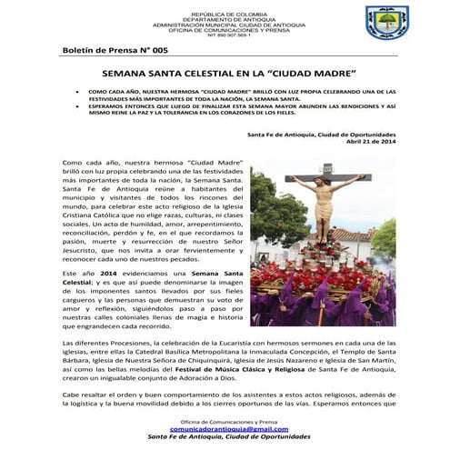 Boletín de Prensa N° 005. SEMANA SANTA CELESTIAL EN LA “CIUDAD MADRE ...