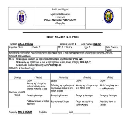 Compilation of Learning/Lesson plan for Filipino 8 Second Quarter sy ...