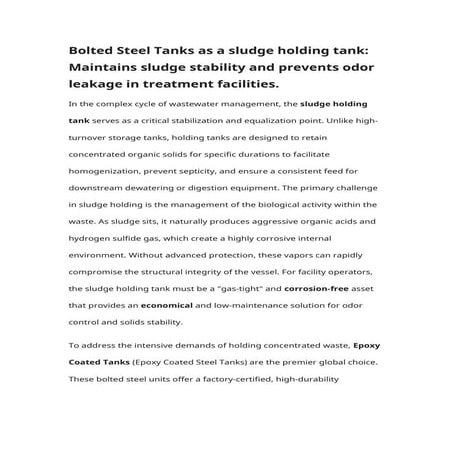 Bolted Steel Tanks as a sludge holding tank Maintains sludge stability ...