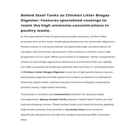 Bolted Steel Tanks as Chicken Litter Biogas Digester Features ...