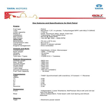 Tata Bolt Petrol tech specs, mileage, features, dimensions | PDF
