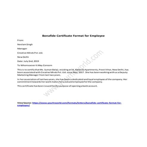 Bonafide Certificate Format for Employee Sample Doc | PDF