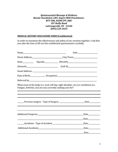 Massage Intake Form 062004 | PDF | Physical Therapy | Wellness