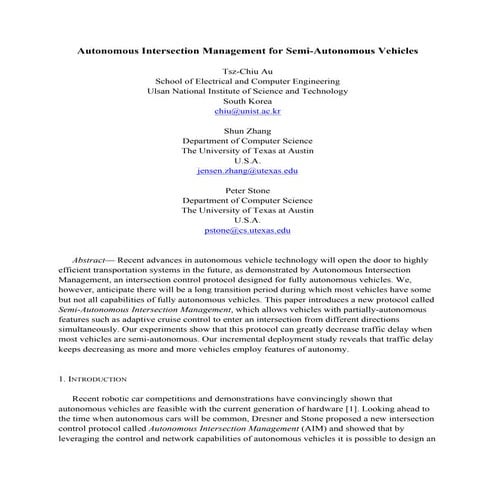 Autonomous Intersection Management For Semi Autonomous Vehicles Pdf Driverless Cars Auto Type
