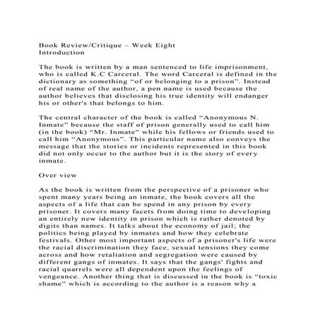 Book ReviewCritique – Week EightIntroductionThe book is wri.docx