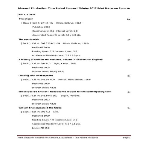Maxwell Winter 2012 Elizabethan Research Project Books on Reserve | PDF