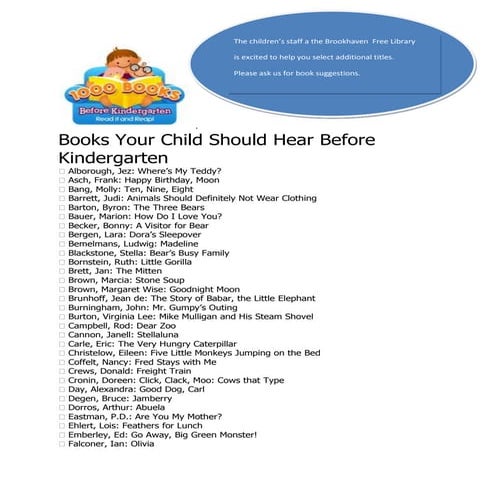 Books your child should hear before kindergarten reading list | PDF