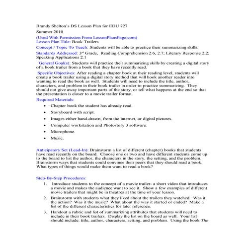 Book trailer lesson plan | PDF
