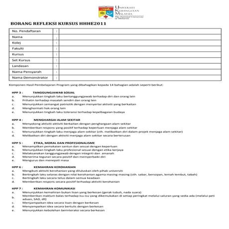 Borang Refleksi H H H E2011 Format A4 | PDF