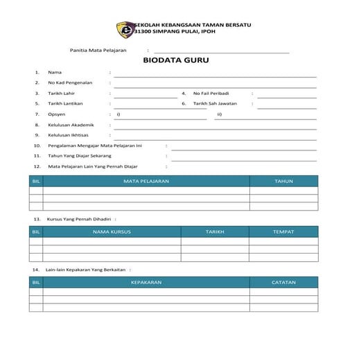 Borang maklumat guru peribadi | DOCX