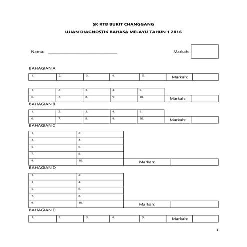 Contoh Borang Markah bagi Ujian Diagnostik Lisan Tahun 1 | DOCX