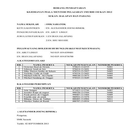 Borang pendaftaran 1 murid 1 sukan | DOCX