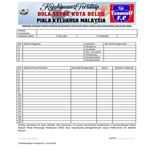 Borang pendaftaran pemain Bola Sepak | PDF