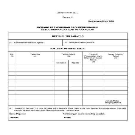Borang permohonan bagi pemusnahan rekod kewangan dan perakaunan | PDF