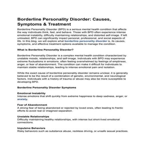 Borderline Personality Disorder: Causes, Symptoms & Treatment | PDF