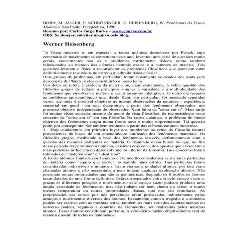 BORN, SCHRODINGER, HEISENBERG - Problemas da física moderna | PDF