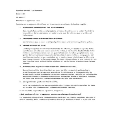 ensayo de lectura " El niño de la pijama de rayas" | DOC