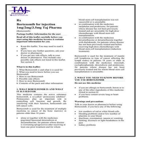 Bortezomib for Injection 1mg/2mg/3.5mg Taj Pharma PIL | PDF | Blood ...