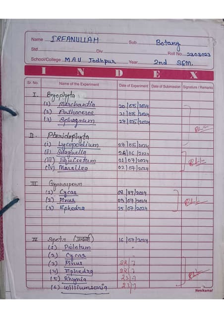 Bryophytes Pteridophytes Gymnosperms Botany Practical File 2nd Sem