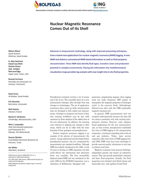 nuclear magnetic resonance Oilfi Review Winter 2008/2009: 20, no. 4 ...