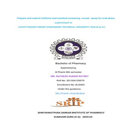 B Pharm final year project caffeine and menthol mouth spray | PDF