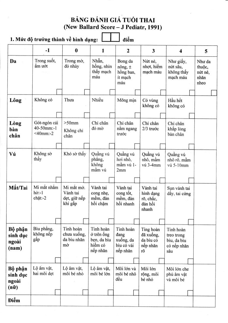 BẢNG ĐÁNH GIÁ TUỔI THAI
